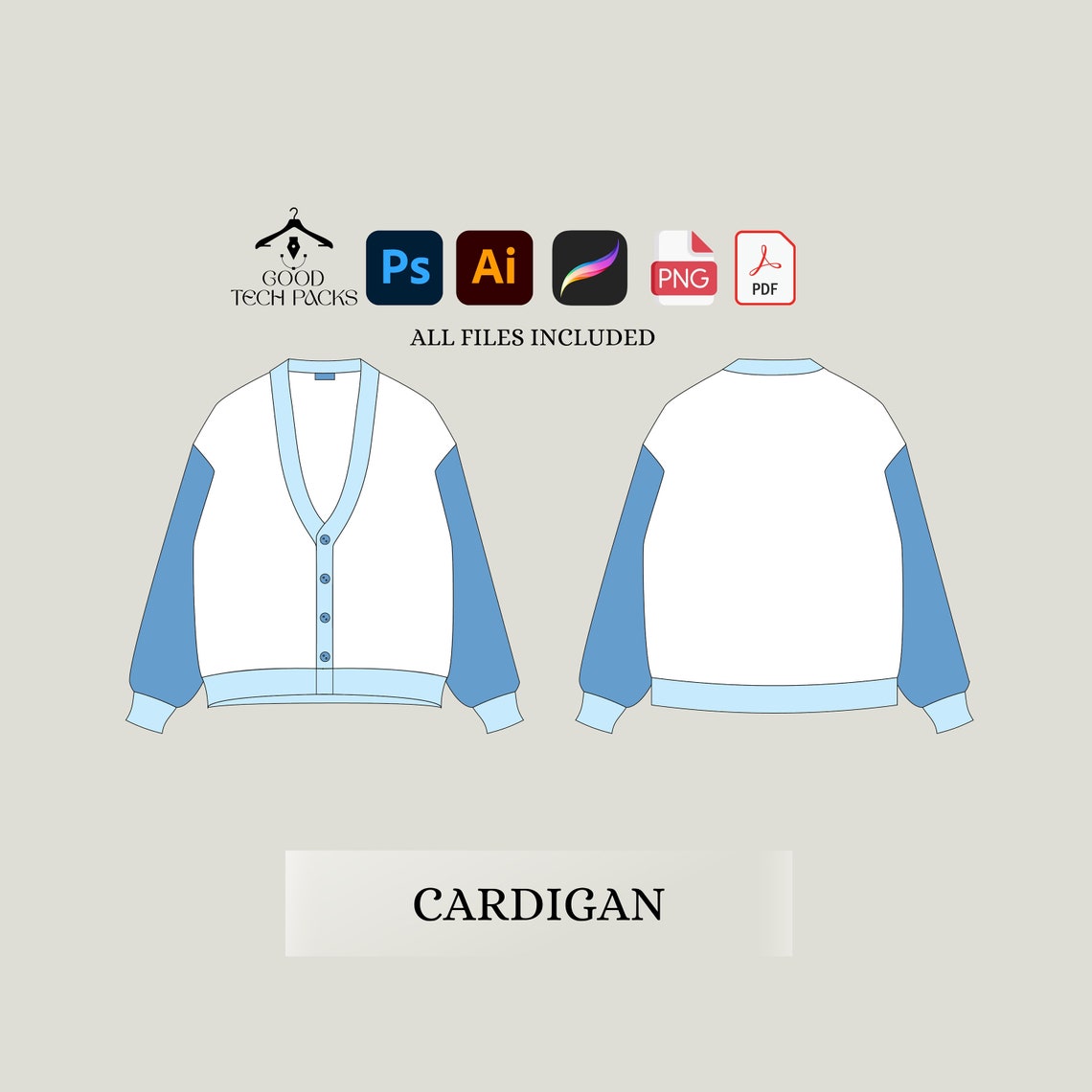 Cardigan Tech Drawings, Vector Template, Vector Tech Pack Illustrator ...