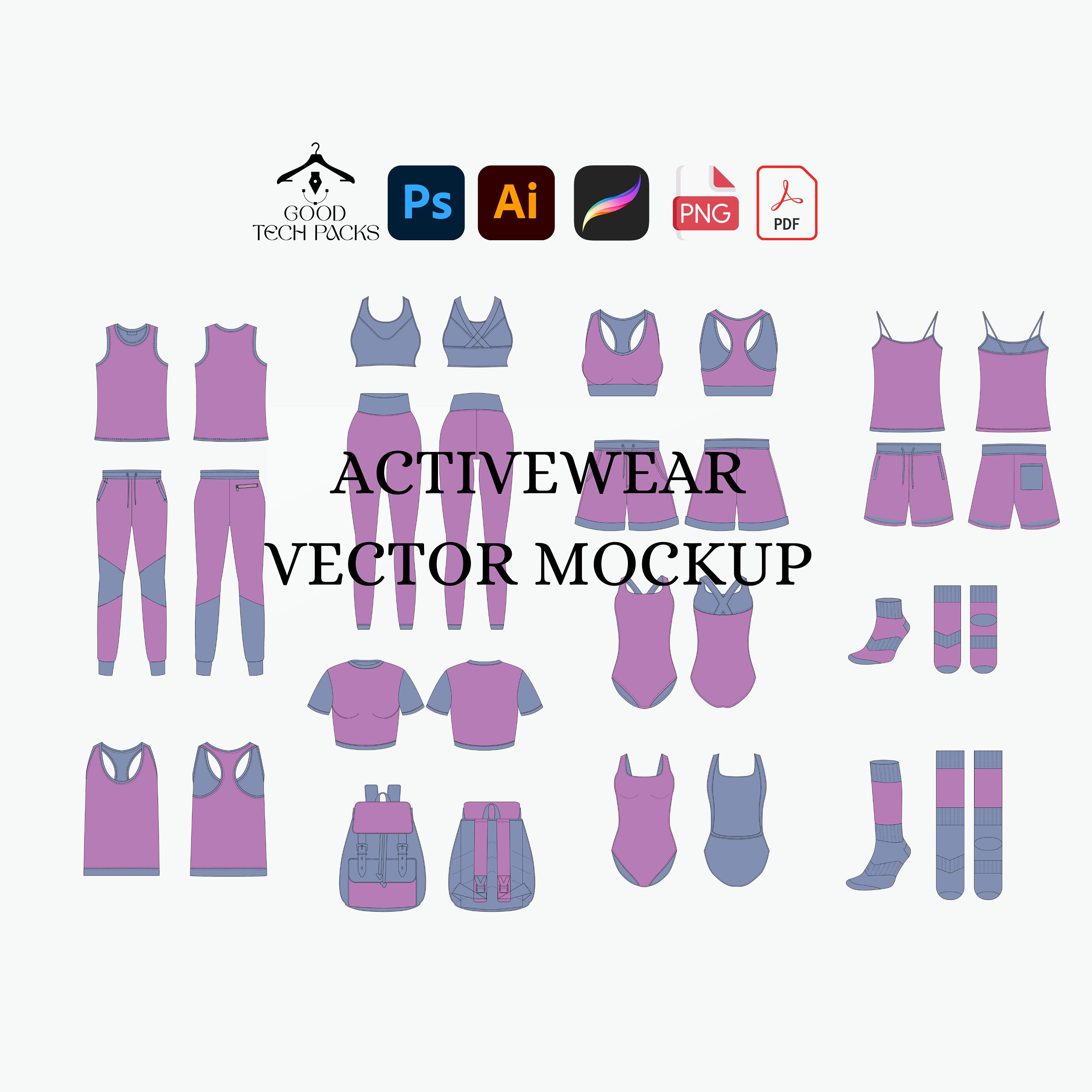 Activewear Clothing Vector Mock-ups, Streetwear Tech Drawings, Vector ...