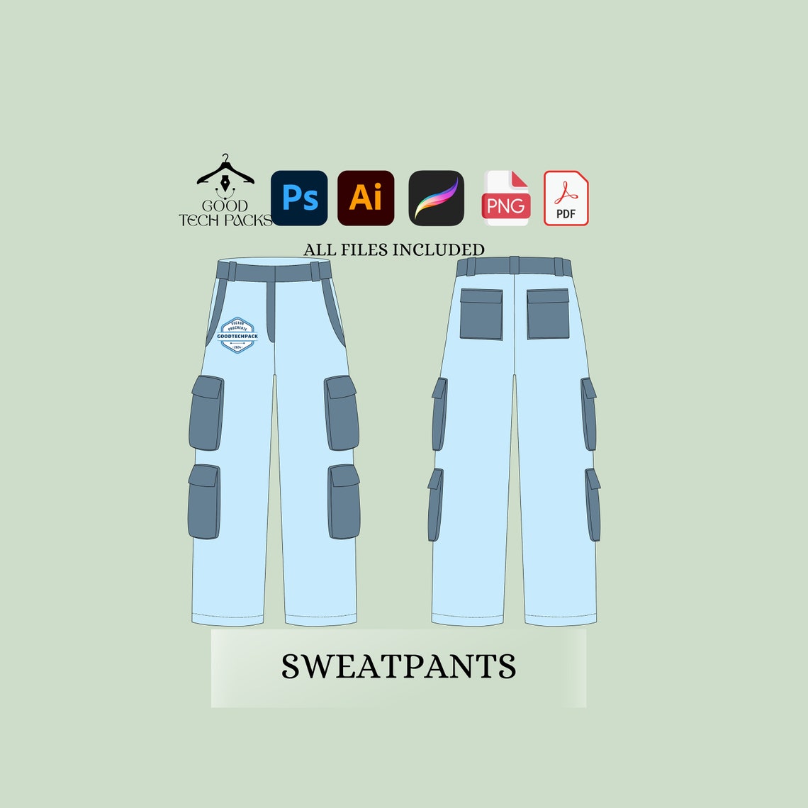 Cargo Pants Tech Drawings, Vector Template, Vector Tech Pack ...
