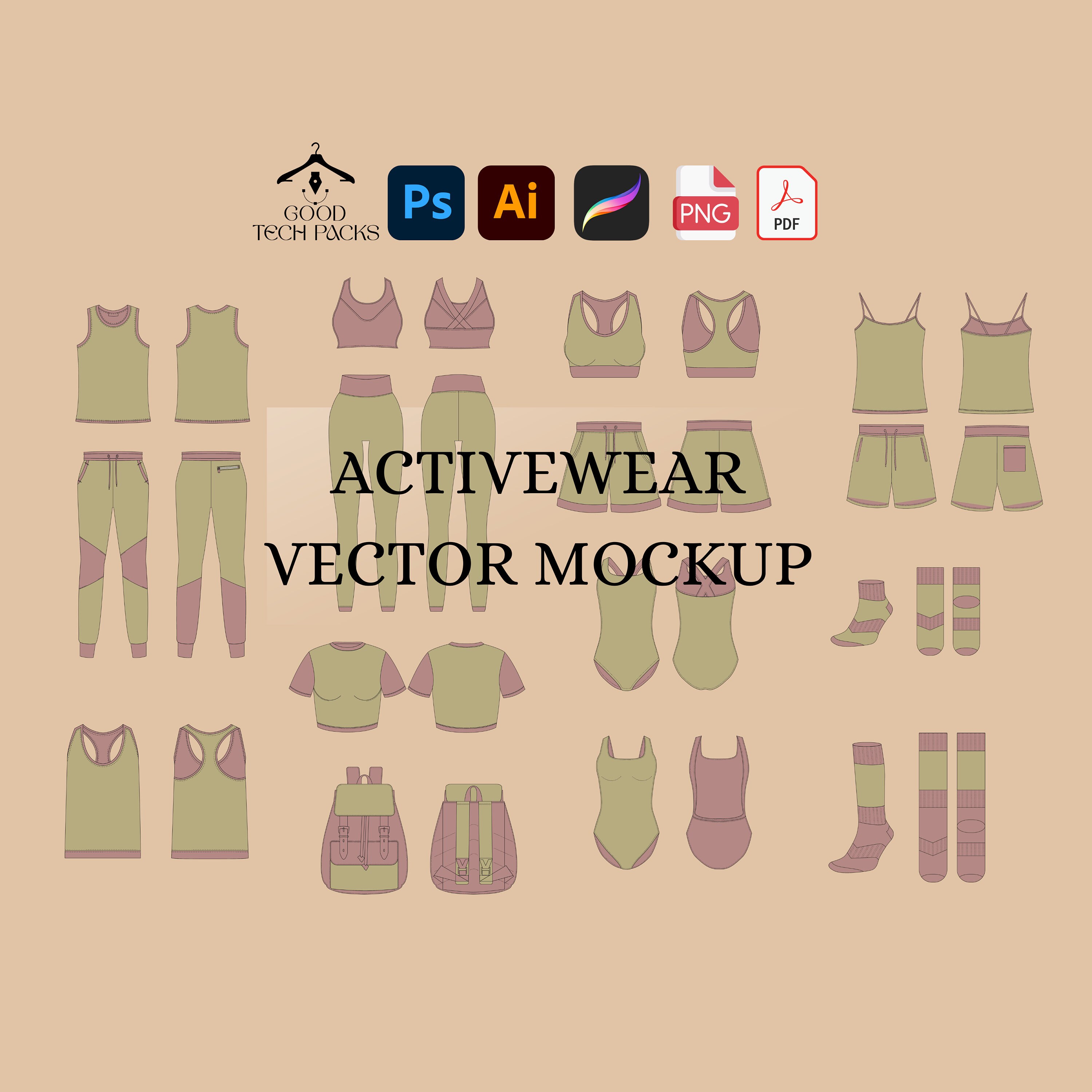 Activewear Clothing Vector Mock-ups, Streetwear Tech Drawings, Vector ...
