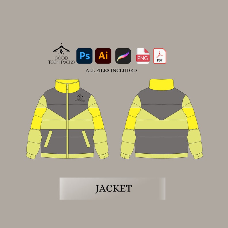 Puffer Jacket Mockup Streetwear Vector Template Tech Pack Illustrator ...