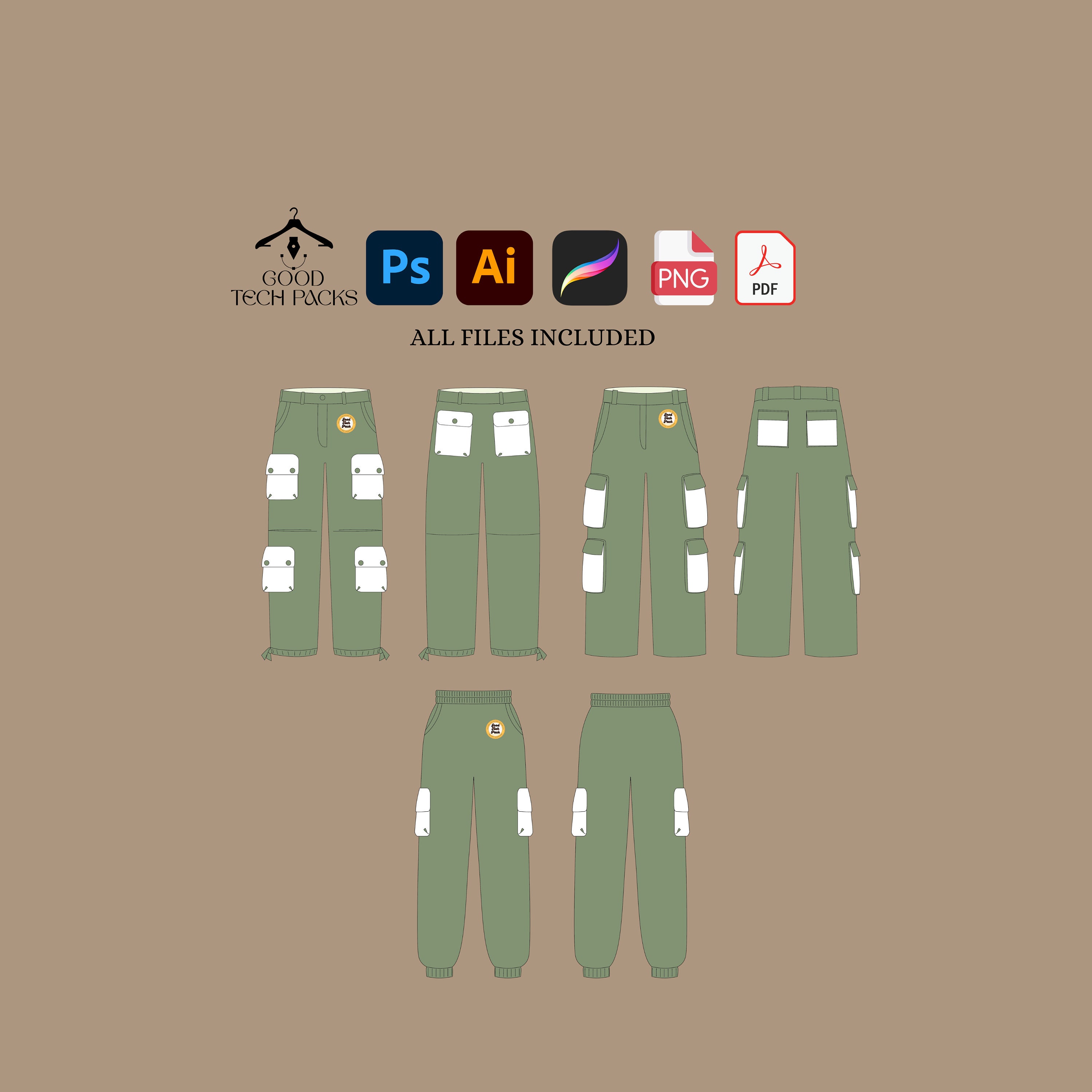 Cargo Pants Tech Pack Template: Vector Clothing Mockups (illustrator ...