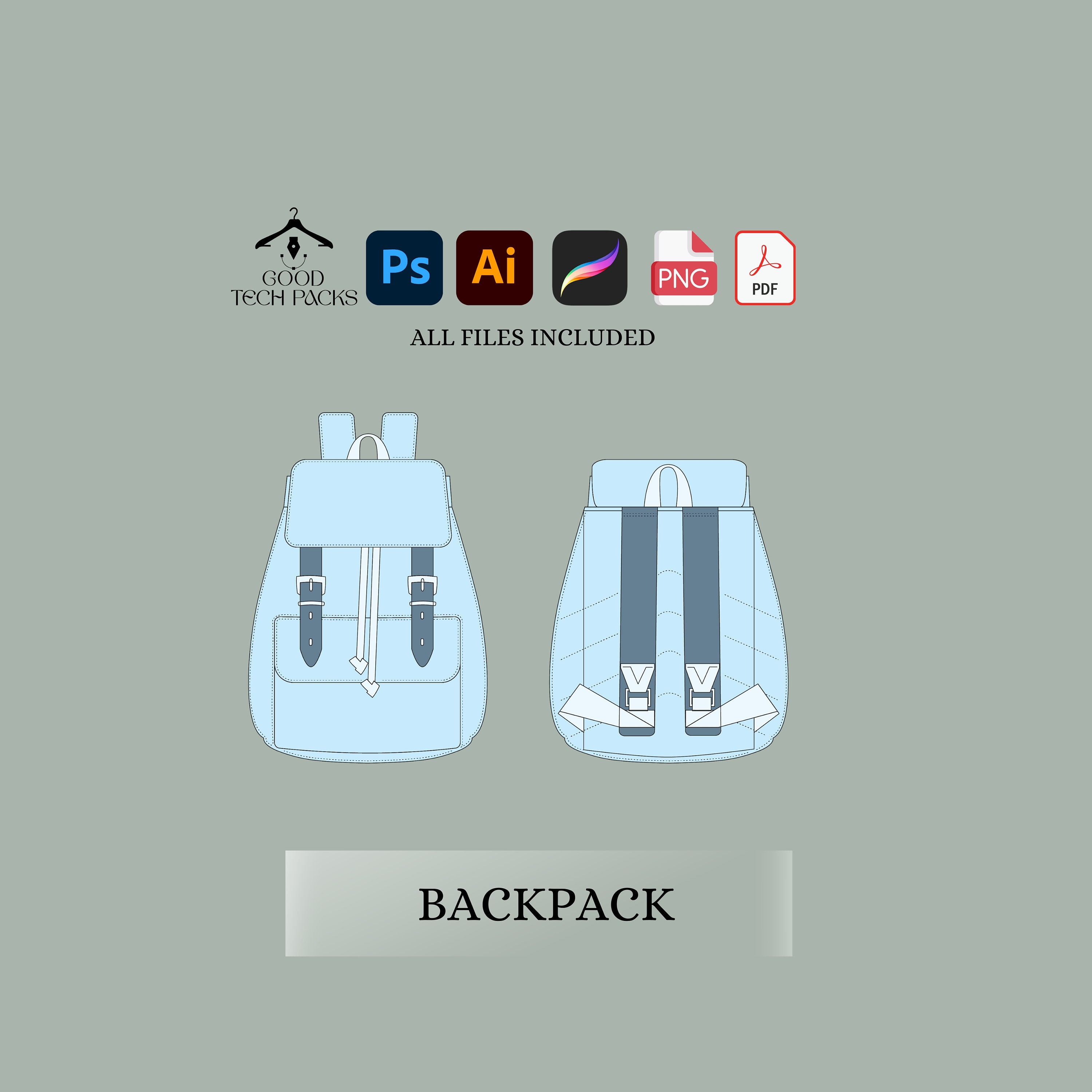 Backpack Tech Drawings, Vector Template, Vector Tech Pack Illustrator ...
