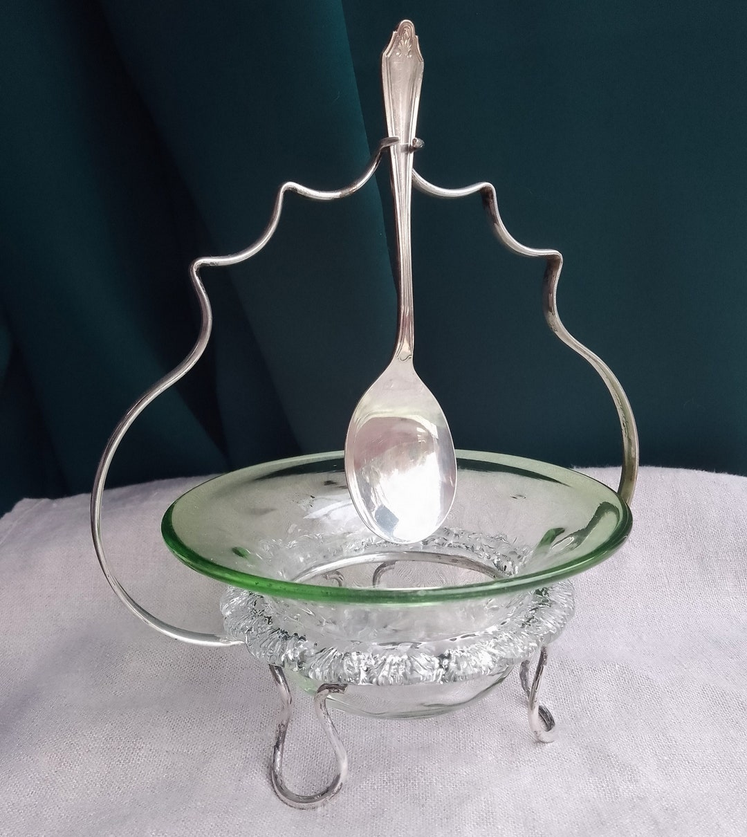 Antique Vaseline Glass Jam Jelly Dish With Rigaree Decor on Silver ...