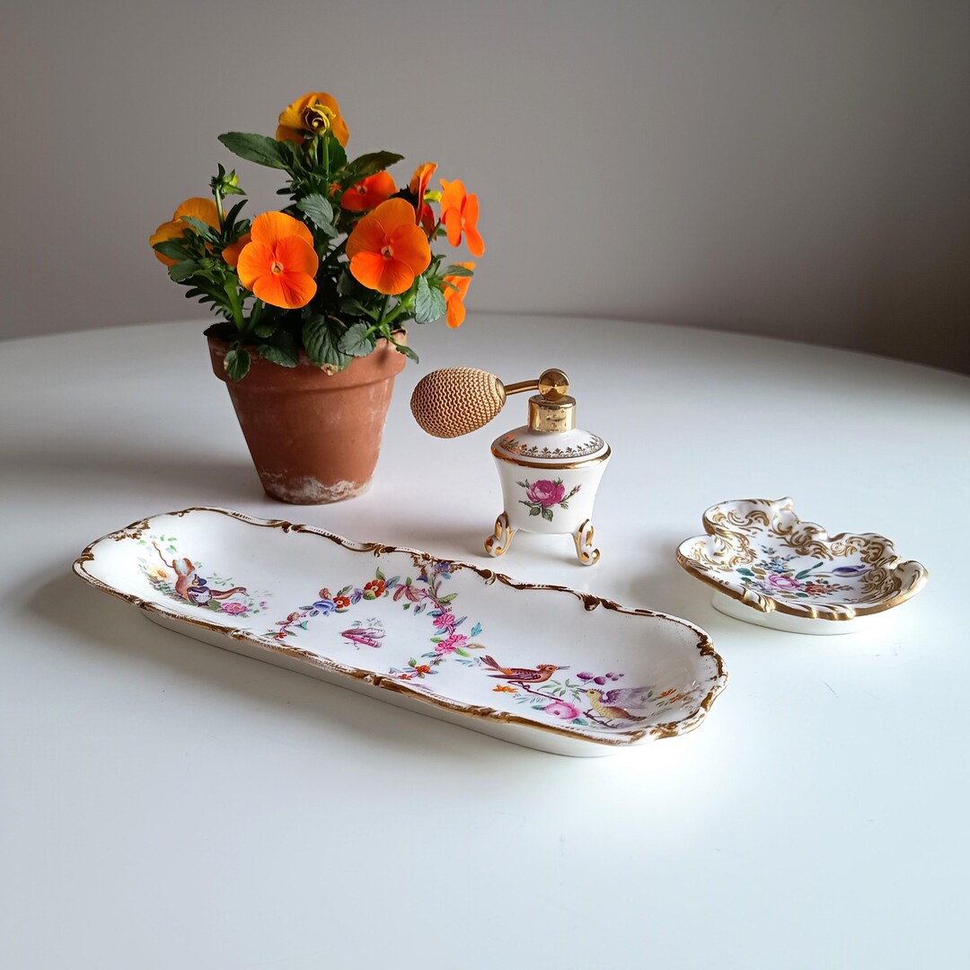 Bavaria Germany Porcelain Atomizer Set: Rose & Bird Vanity Dishes - Etsy