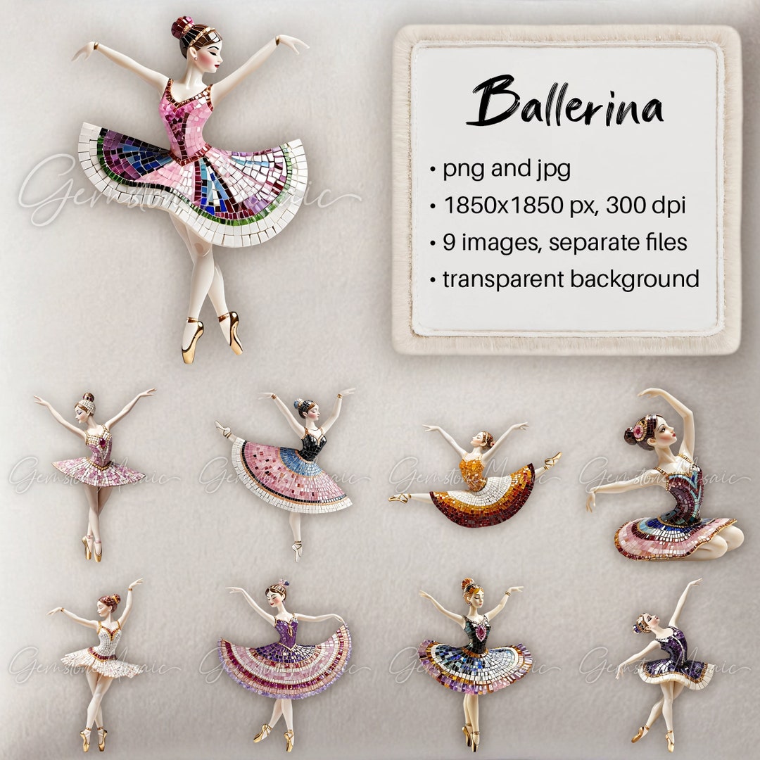 Ballerina Gemstone Mosaic Figurines, Tutu Dress, Ballet Dancer, Digital ...