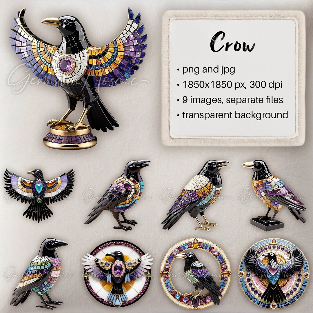 Crow Gemstone Mosaic Figurines, Raven Figurine, Black Birds, Digital ...