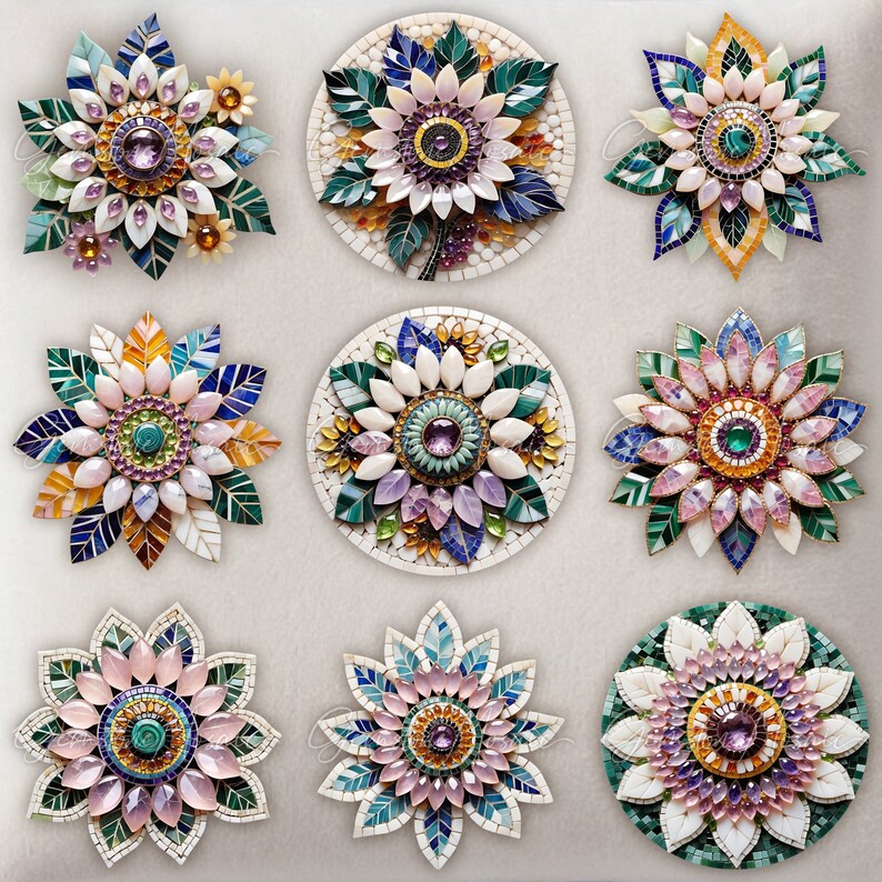 Sunflower Clip Art Image Set, Flower Png Bundle, Gemstone Mosaic ...