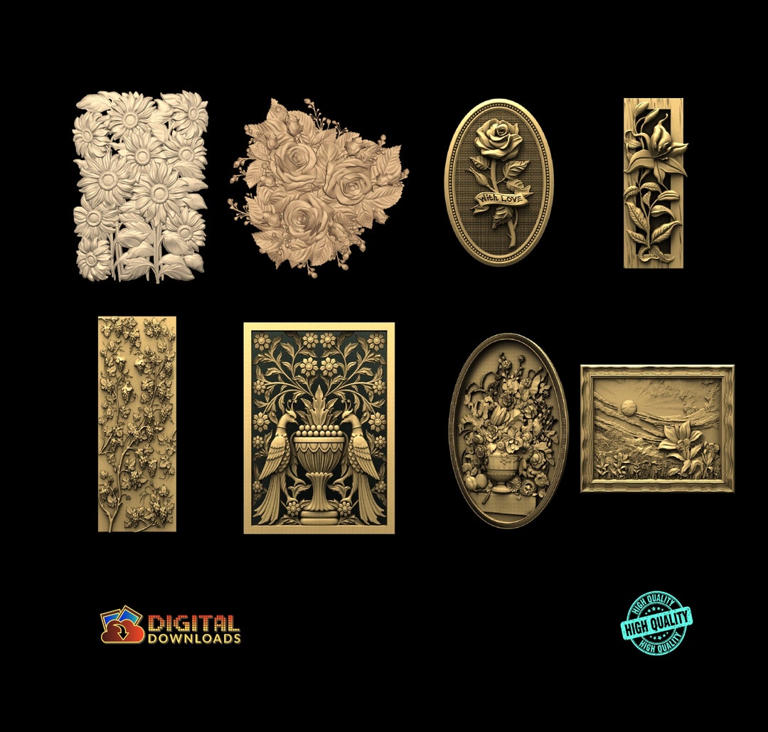 8 Flowers, 3D STL Model, CNC Router Engraver, Artcam, Aspire, CNC Files ...