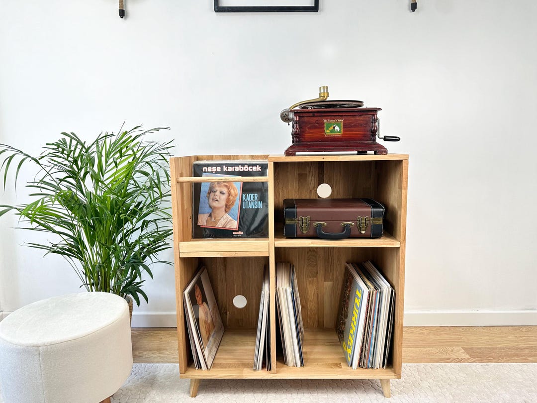 Large Oak Record Player Stand, Vinyl Console, Vinyl End Table, Vinyl ...