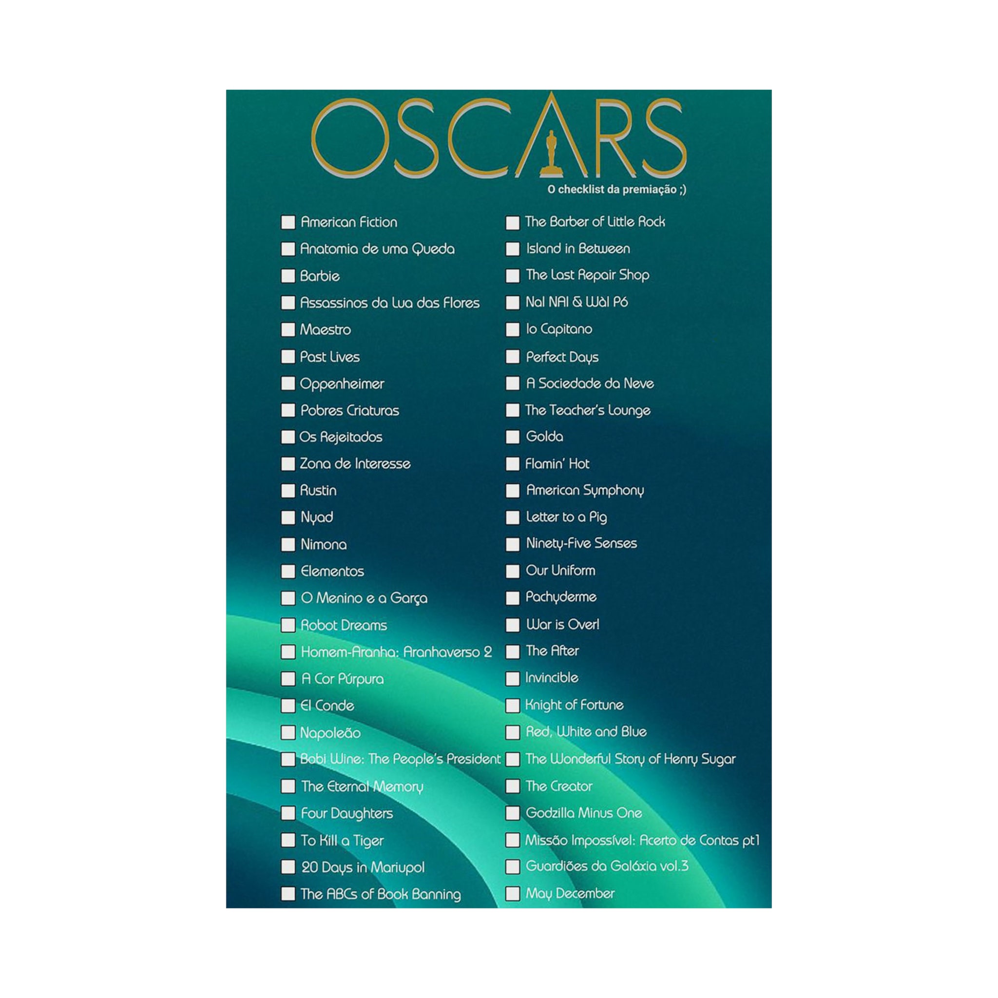 Oscar 2024 Checklist Poster - Etsy