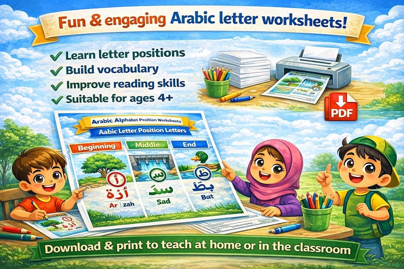 Arabic Alphabet Position Worksheets for Kids | Beginning Middle End ...