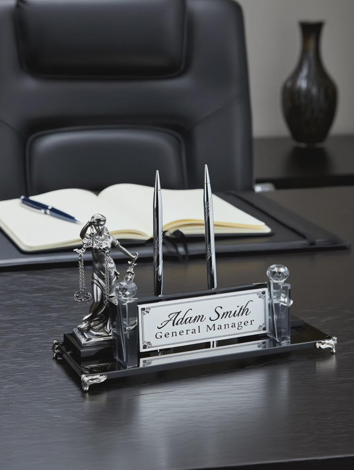 Personalized Crystal Desk Name Plate, Lady Justice Statue, Executive ...