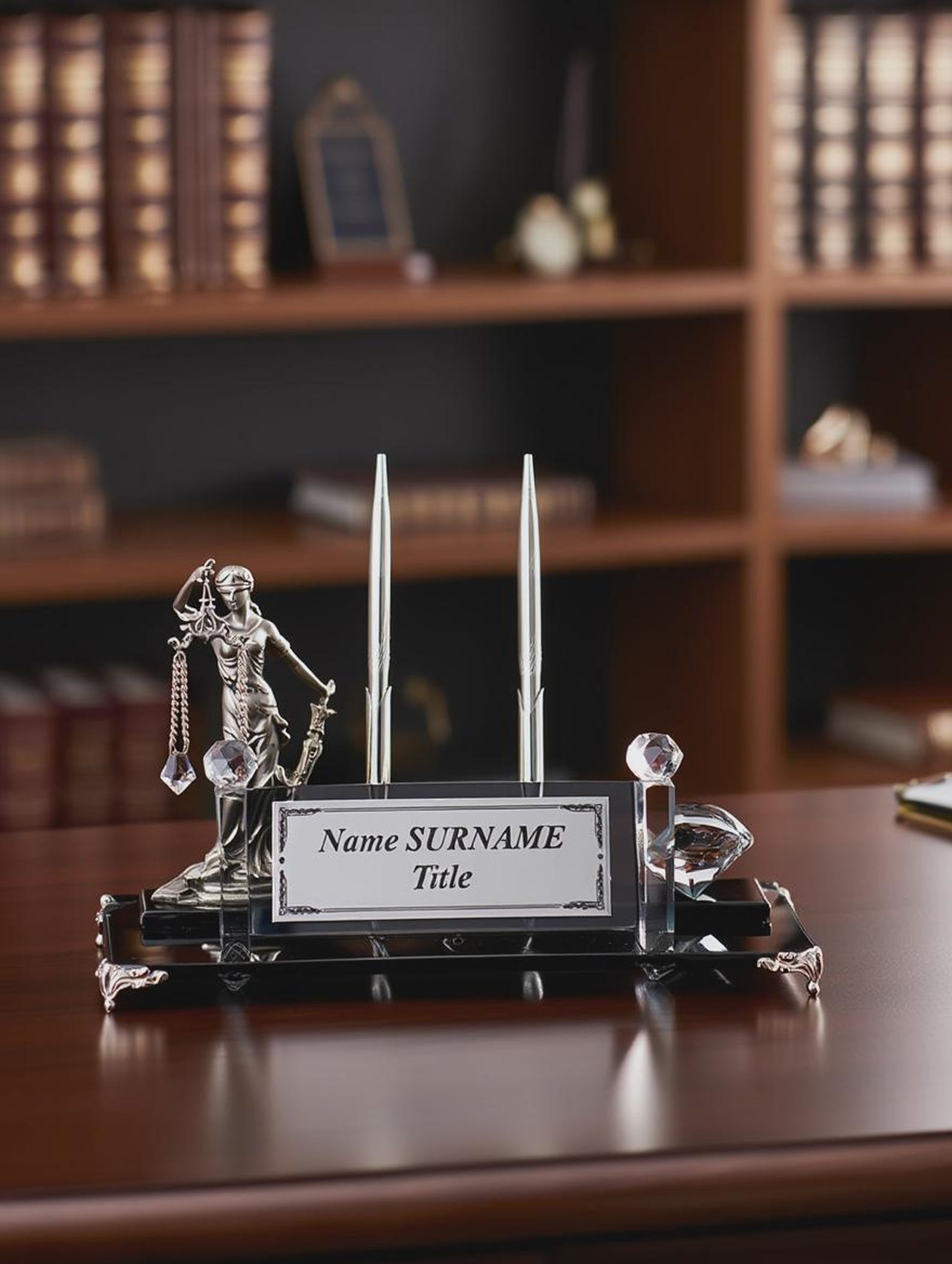 Personalized Crystal Desk Name Plate, Lady Justice Statue, Executive ...