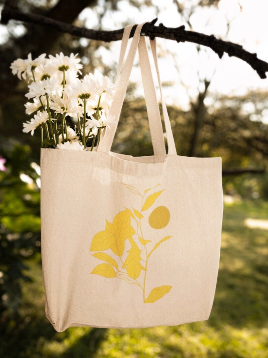 Sun & Leaves Canvas Tote Bag - Monochrome Yellow, Hand-drawn Design ...