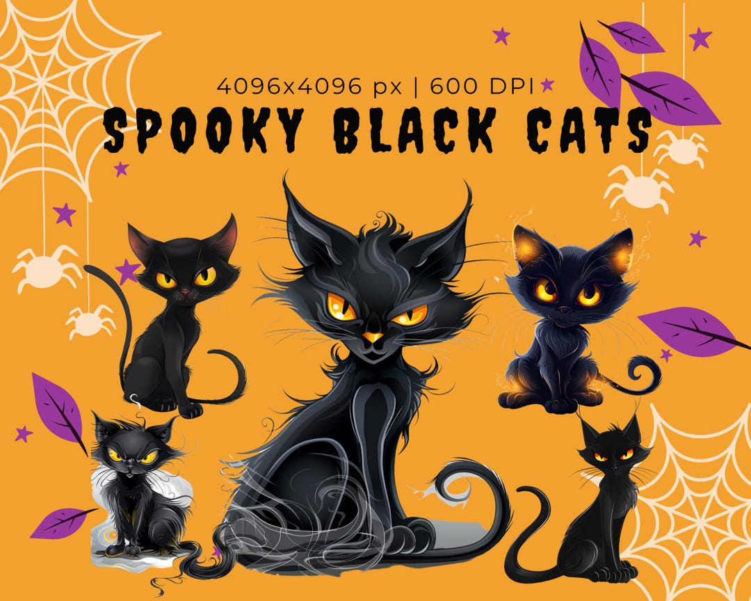 Spooky Black Cats Clipar | Cartoon Cat Wall Art | Printable Download ...