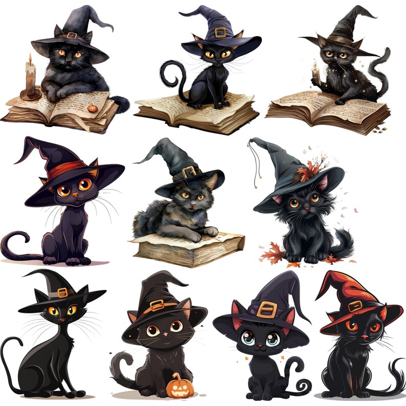 Black Cats & Witch Hats Clipart | Halloween Printable Wall Art | Cute ...