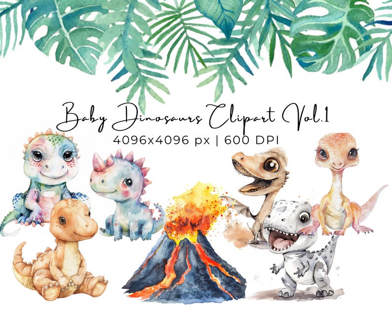 Cute Baby Dinosaur Clipart Bundle | Watercolor Printable Art | Kids ...