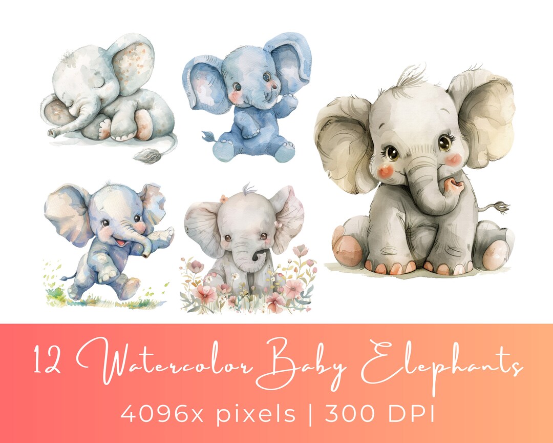 12 Watercolor Baby Elephant Clipart | | Nursery Wall Art | Printable ...