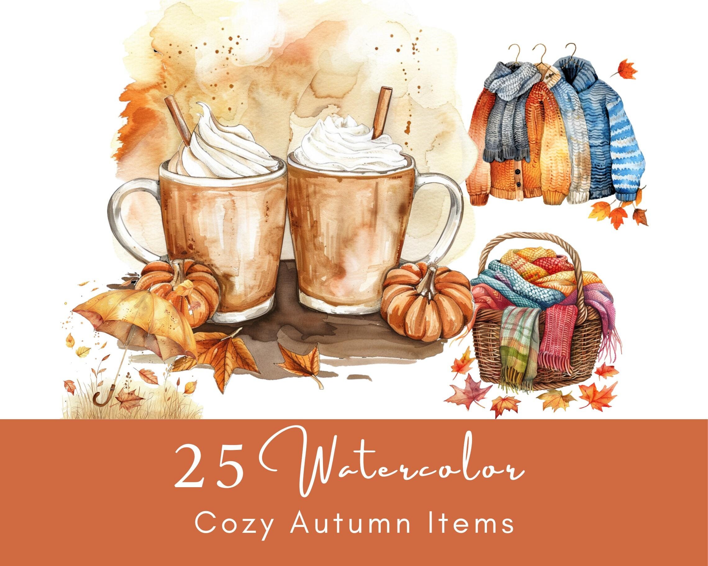 Cozy Autumn Watercolor Clipart Bundle | Coffee, Sweater, Pumpkin Art ...