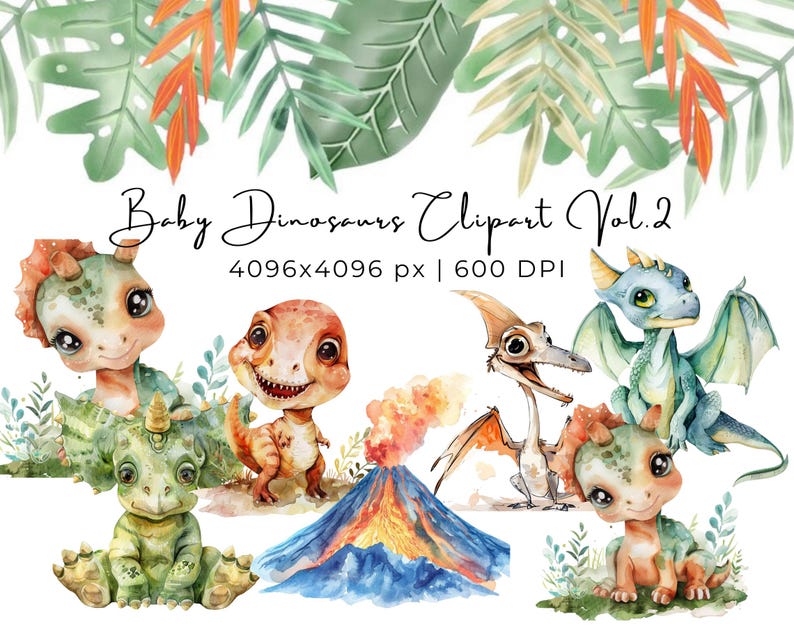 Cute Baby Dinosaur Clipart Bundle | Watercolor Printable Art | Kids ...