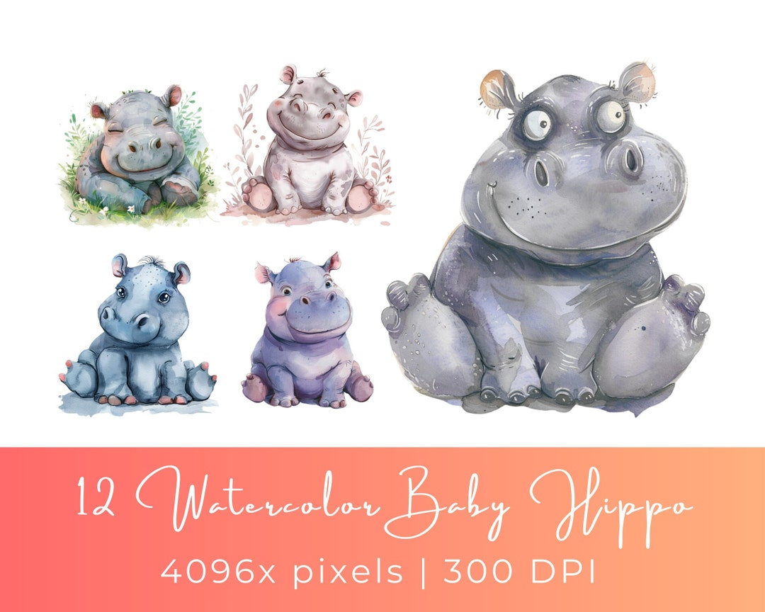 12 Adorable Baby Hippo Clipart | Nursery Wall Art | Digital Download ...
