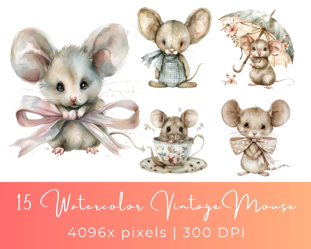 15 Watercolor Vintage Baby Mouse Clipart | Printable PNG | Digital ...