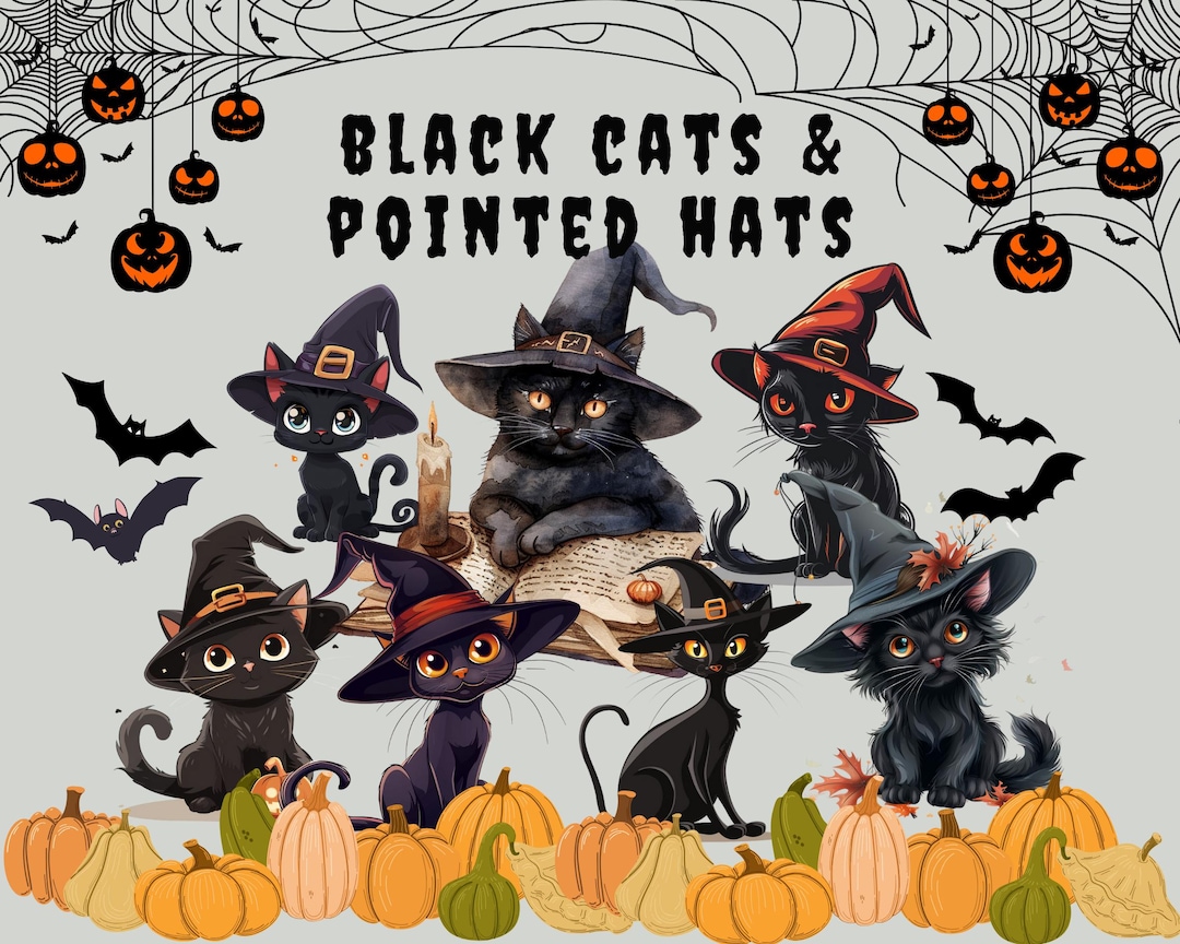 Black Cats & Witch Hats Clipart | Halloween Printable Wall Art | Cute ...