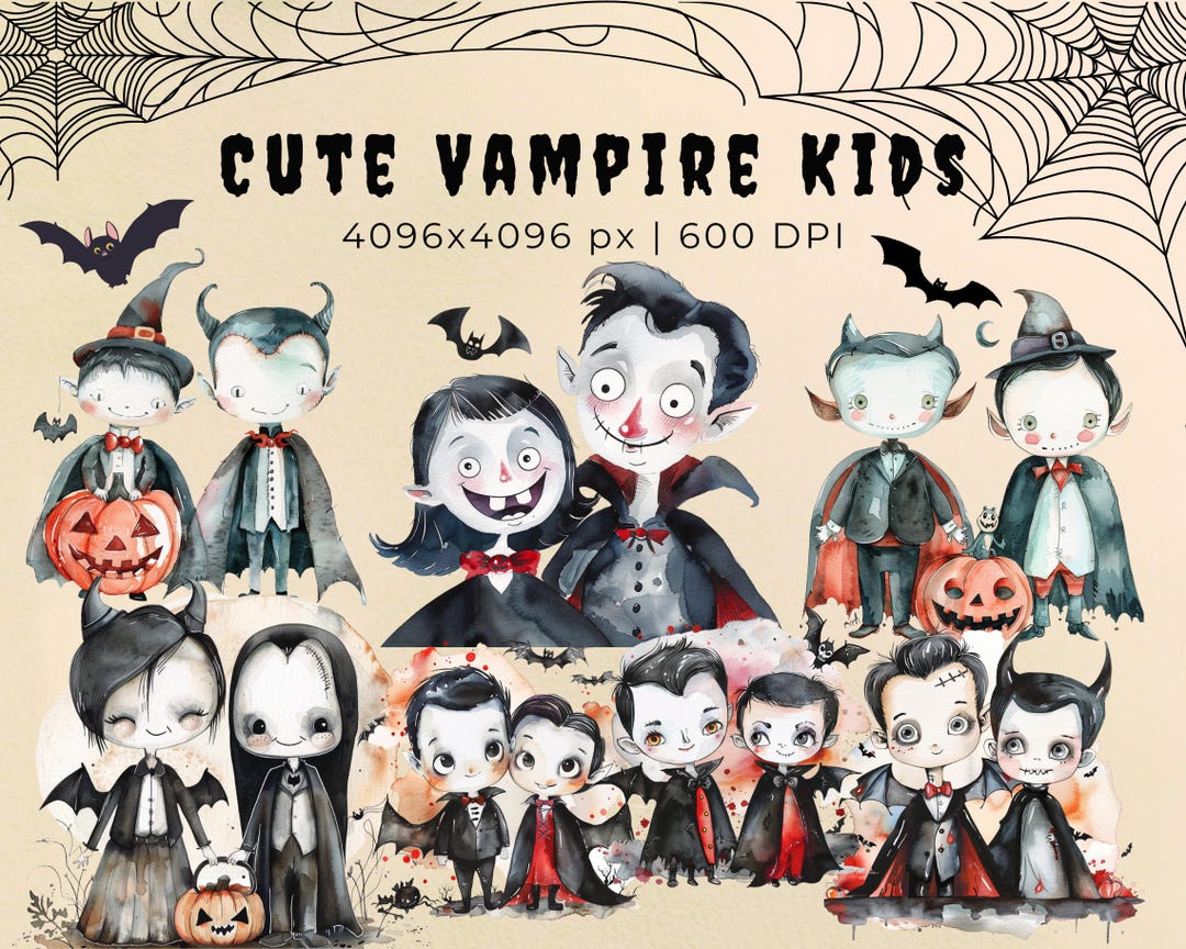 Cute Vampire Kids Clipart | Kawaii Kids Clipart | Printable Watercolor ...