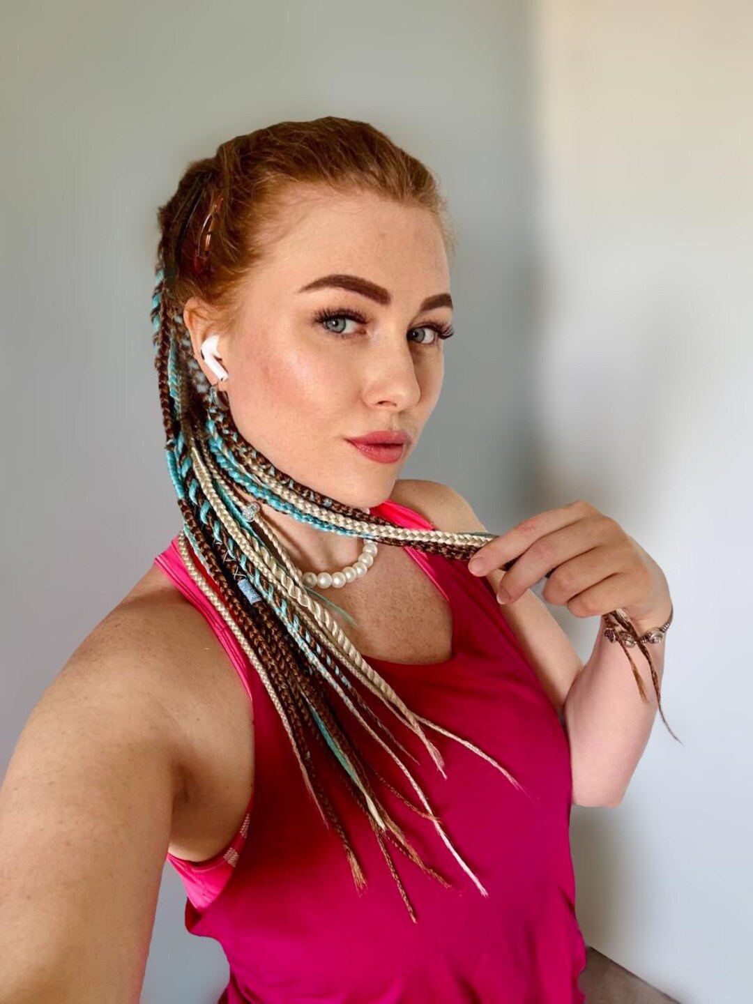 Braids on Elasticband Turquoise Azure Blue. Light Brown and Chestnut ...