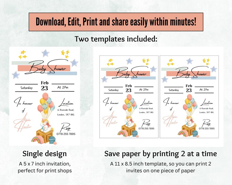 Invitación editable imprimible de baby shower, invitación de plantilla ...