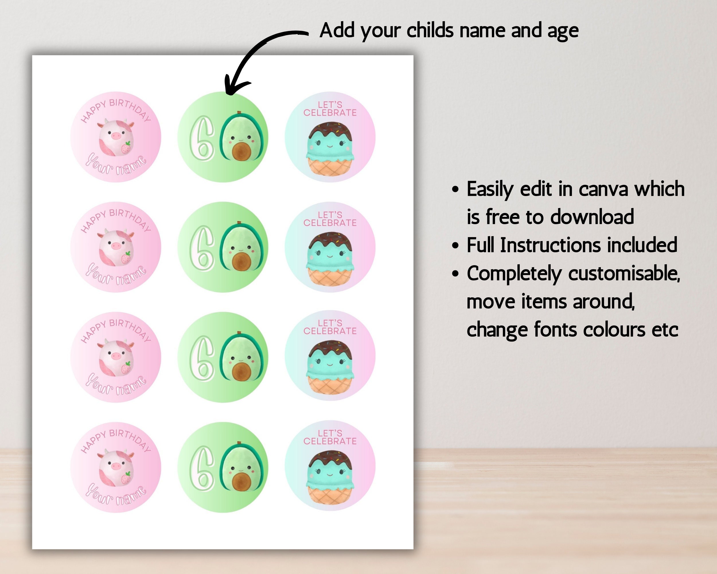 Printable Birthday Squishmallow Customise Cupcake Toppers, Children's ...