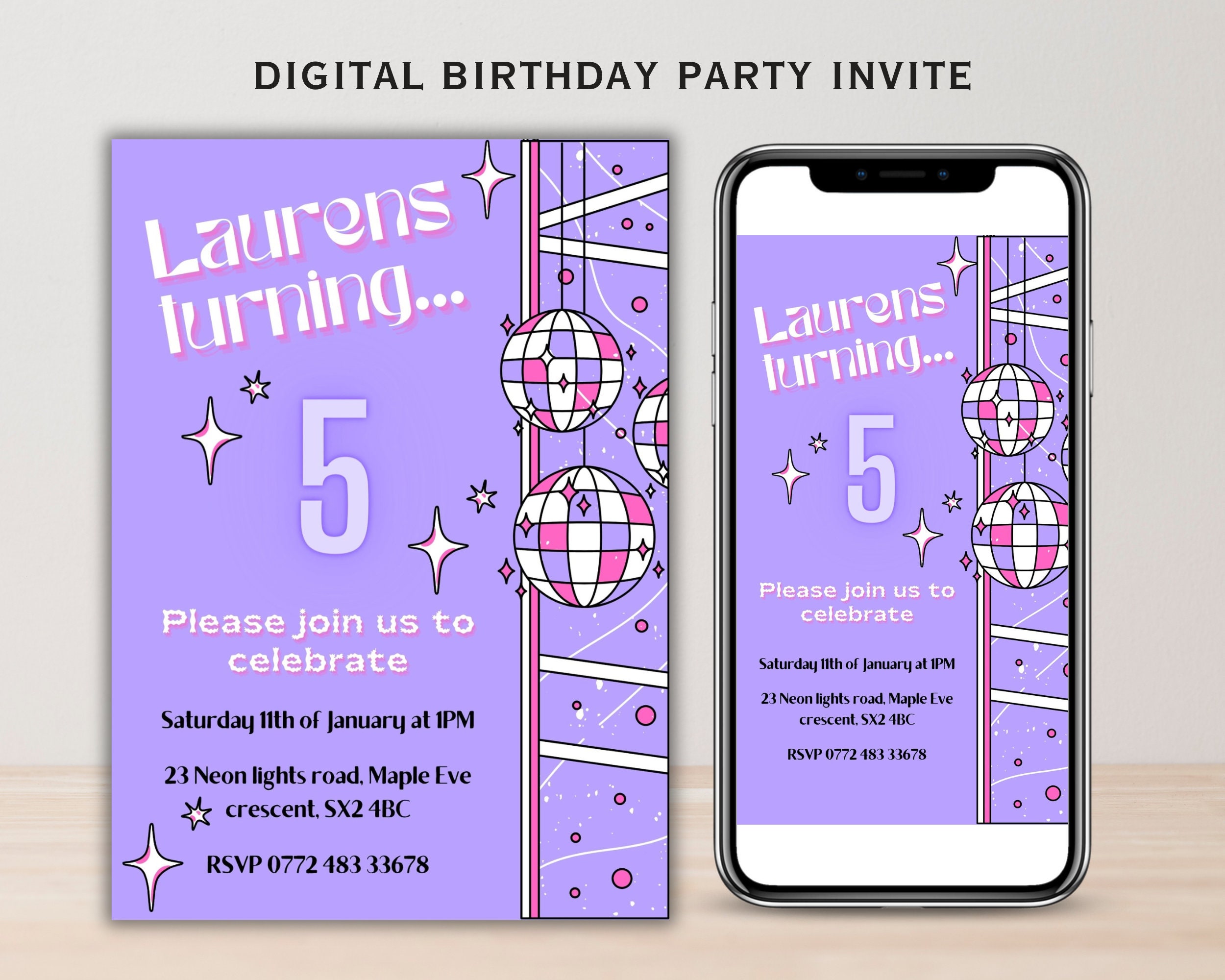 Editable Disco Birthday Invitation, Printable Purple Dance Party Invite ...