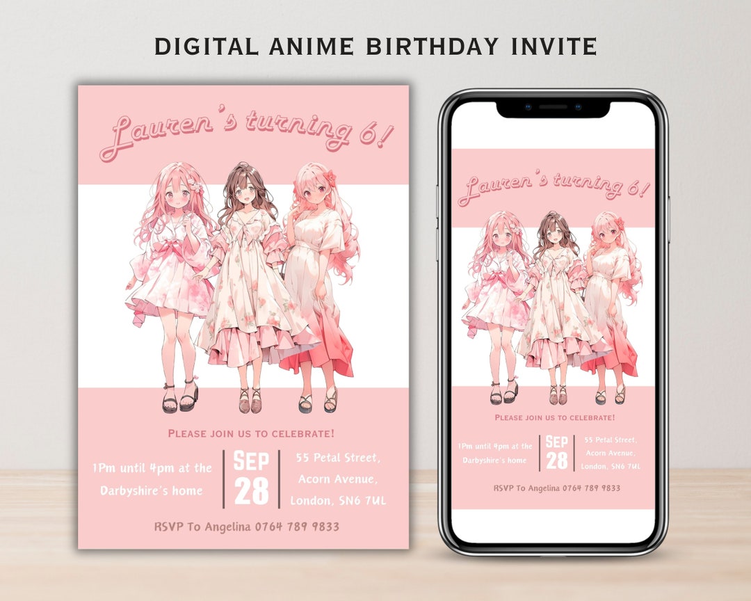 Girls Anime Birthday Invitation, Pink Manga Character Party Invite for ...