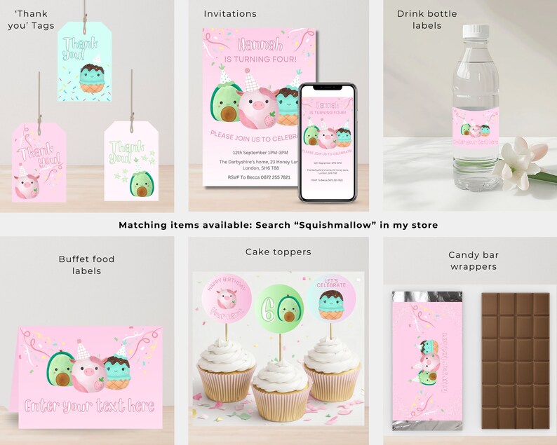 Squishmallow Printable Food Labels, Kids Birthday Party Buffet Card ...