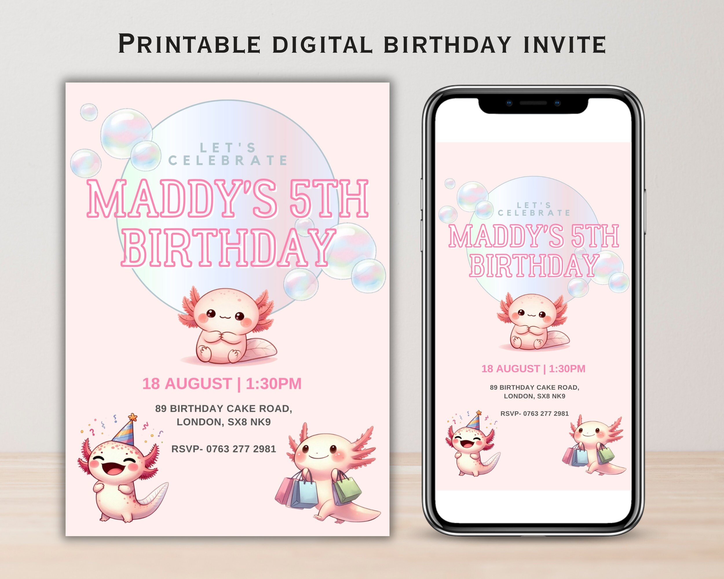 Editable Axolotl Birthday Invite, Kids Printable Pastel Pink Party ...