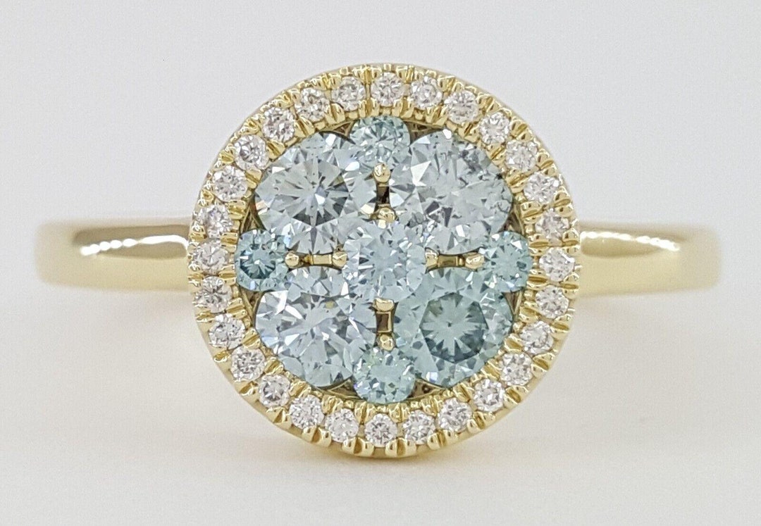 Round Irradiated Blue Diamond Cluster Halo Ring 0.72 Ct 14k Yellow Gold ...
