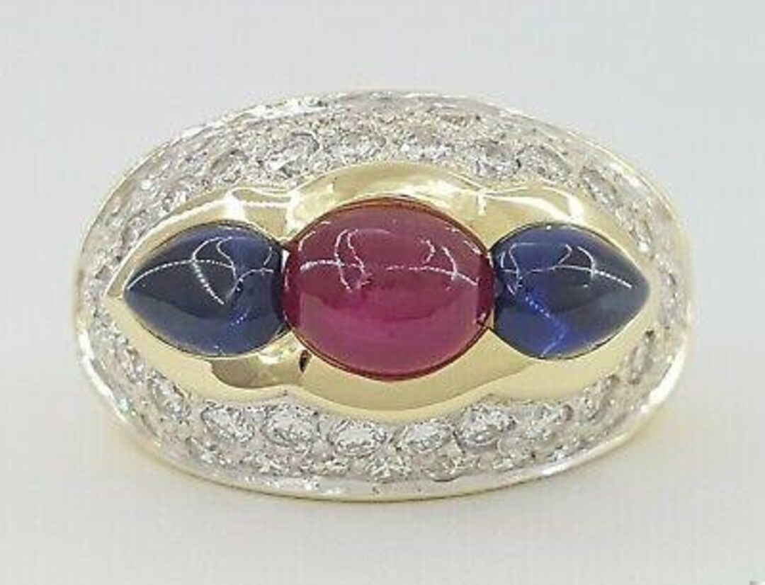 Cab Ruby Sapphire & Pave Diamond Statement Ring Vintage 4.2 Ct 18k ...