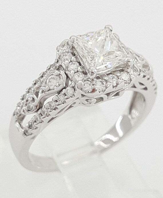 Princess Cut Halo Diamond Engagement Ring in 14k Whit… - Gem