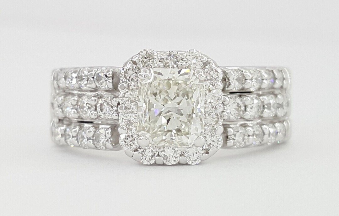Rectangular Radiant Cut Diamond Halo Engagement Ring Set 1.8 Ct 18k 14k ...