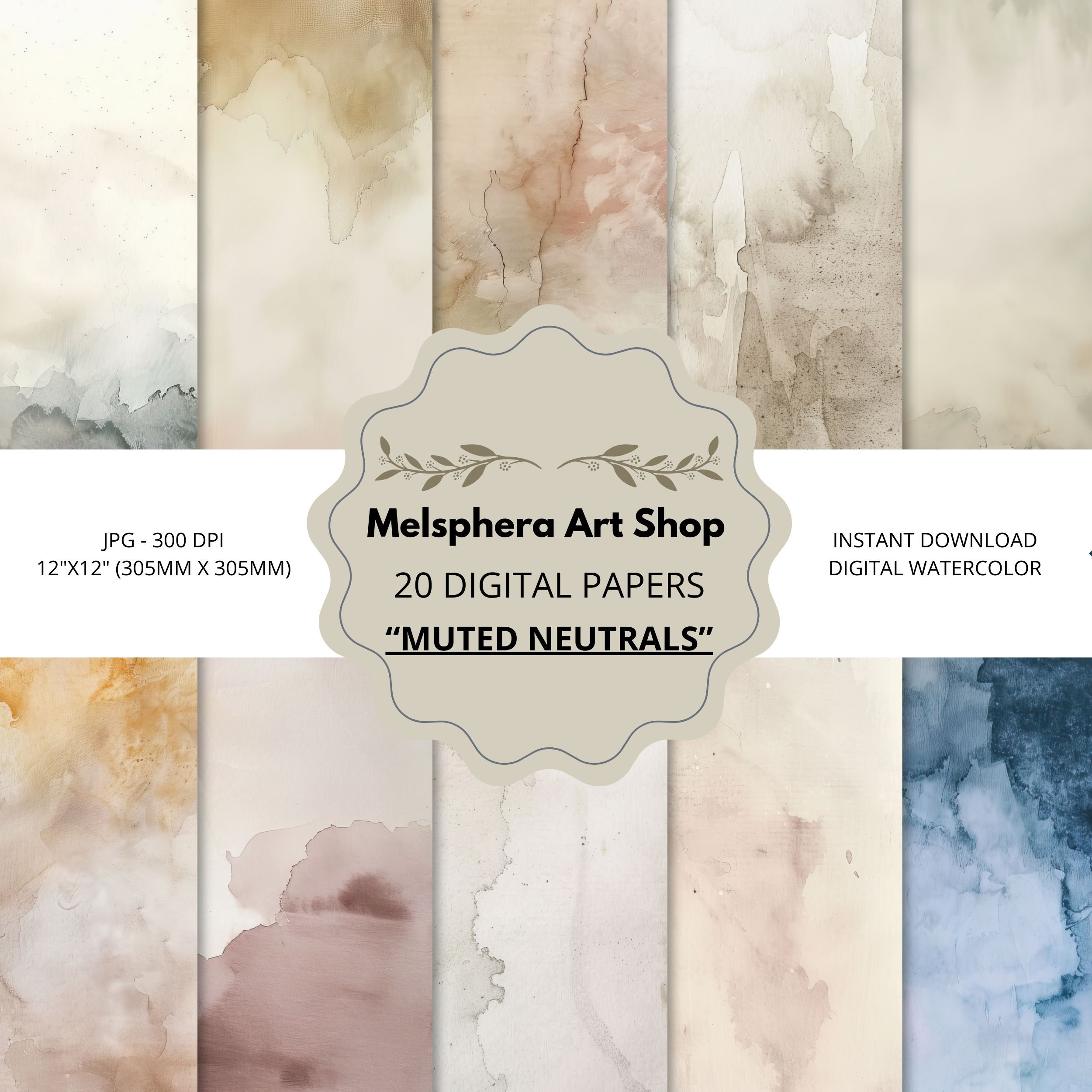 20 Muted Neutrals Watercolor Digital Paper Pack for Scrapbooking & POD ...