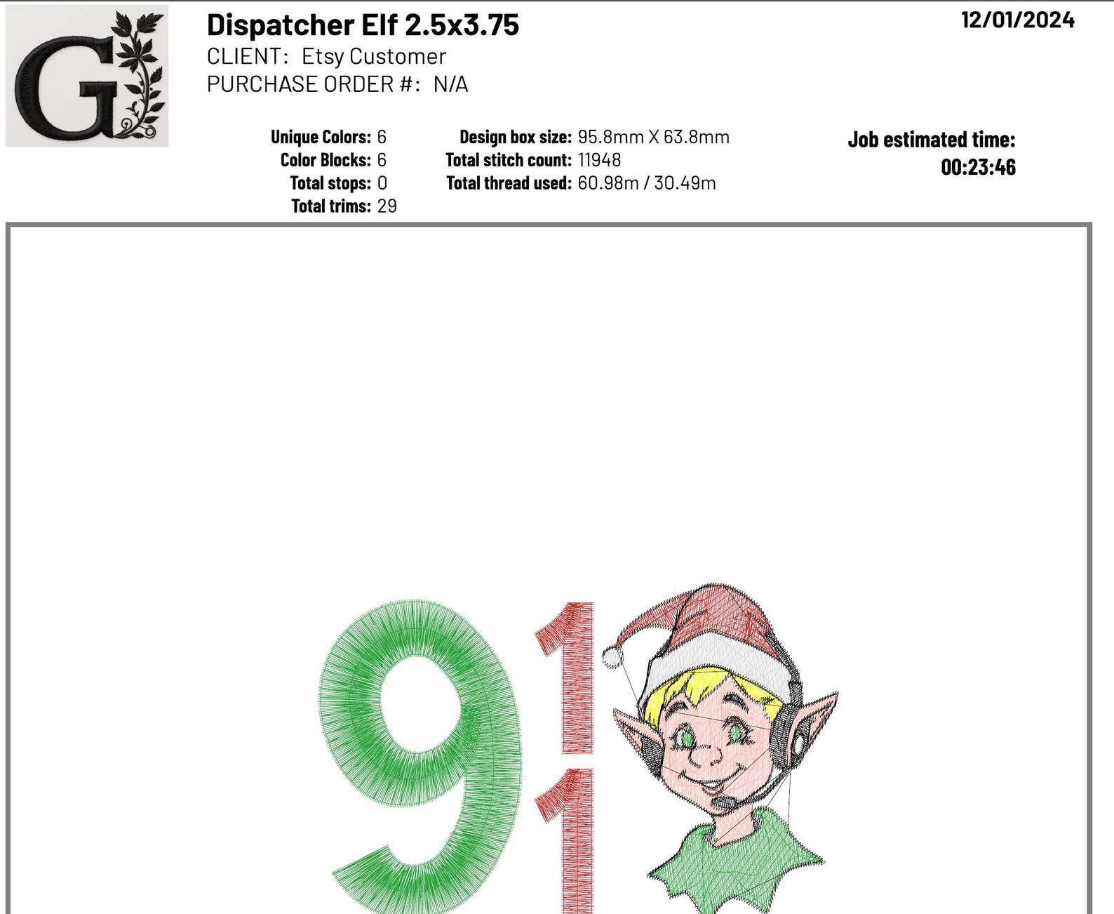 911 Christmas Elf Dispatcher Digital Embroidery Design. Two Sizes (4"-7 ...