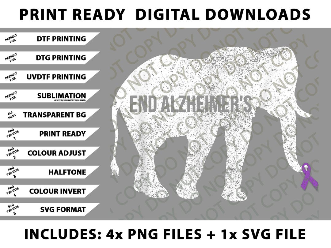 End Alzheimers Awareness Elephant Dementia Purple Png Bundle, SVG Files ...