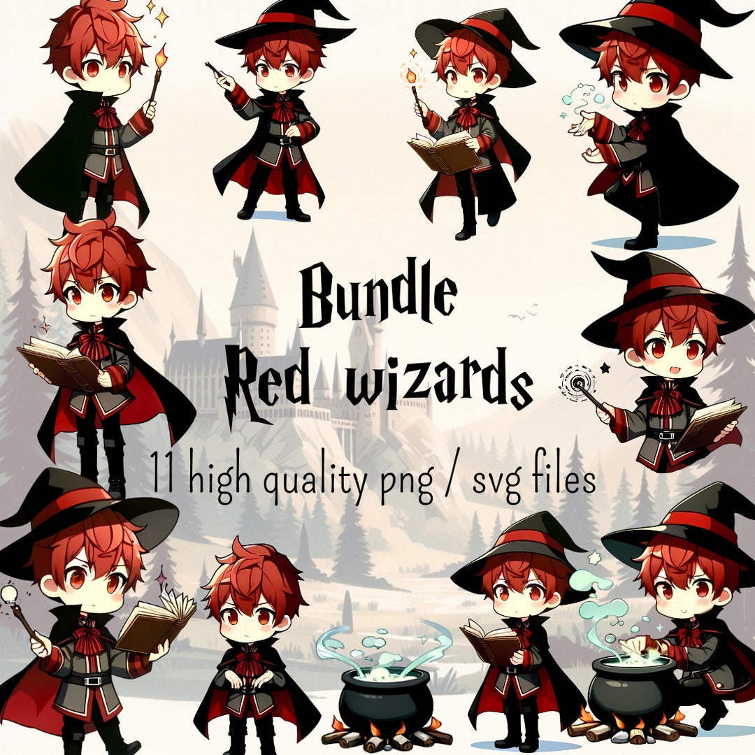 Collection of 11 Cute Clipart in Chibi Style of a Redhead Wizard at the ...