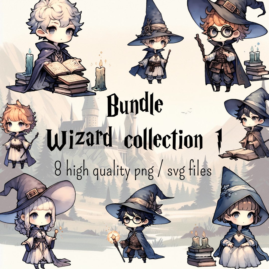Collection of 8 Cute Clipart in Chibi Style of Watercolor Wizards and ...