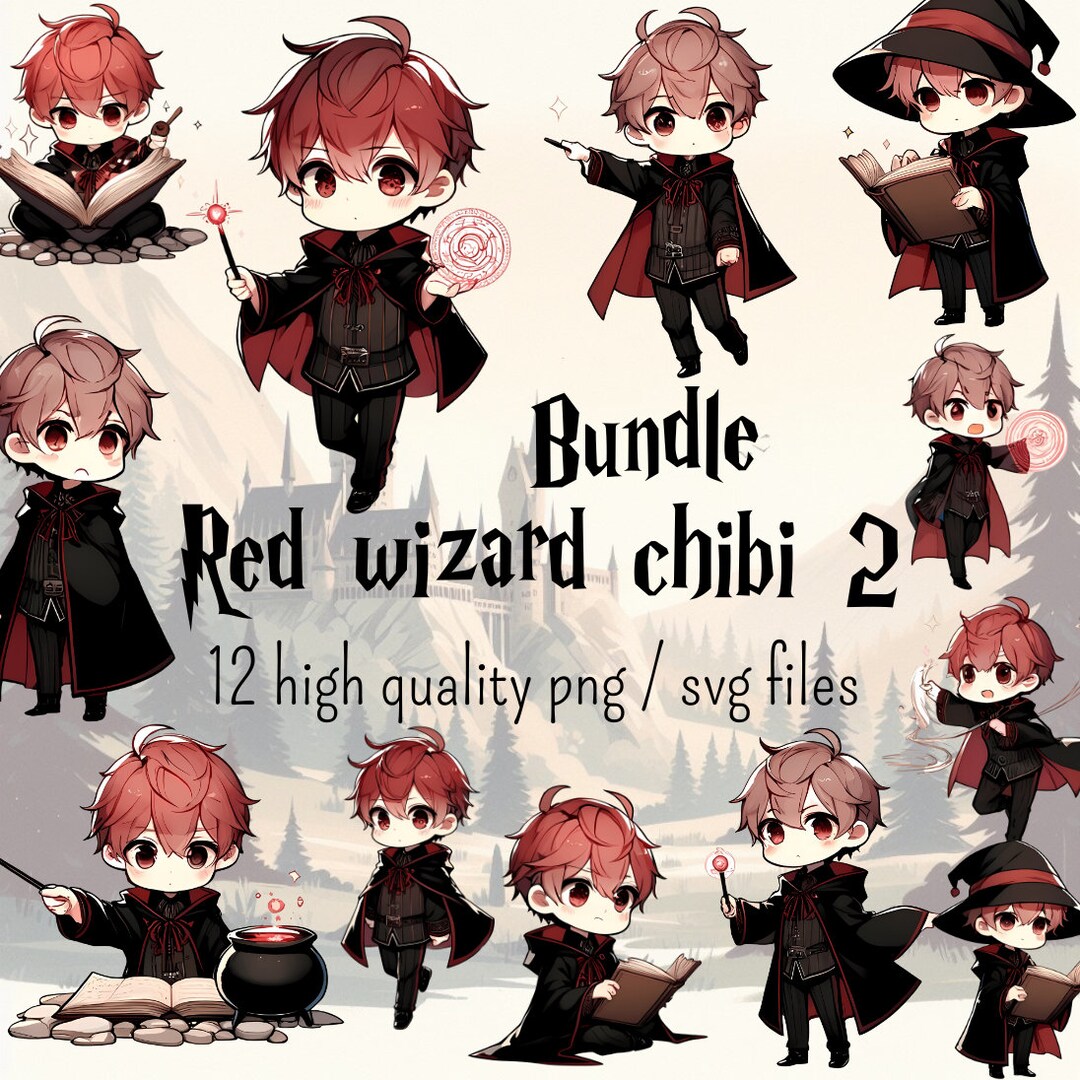 Collection of 12 Cute Clipart in Chibi Style of a Redhead Wizard at the ...