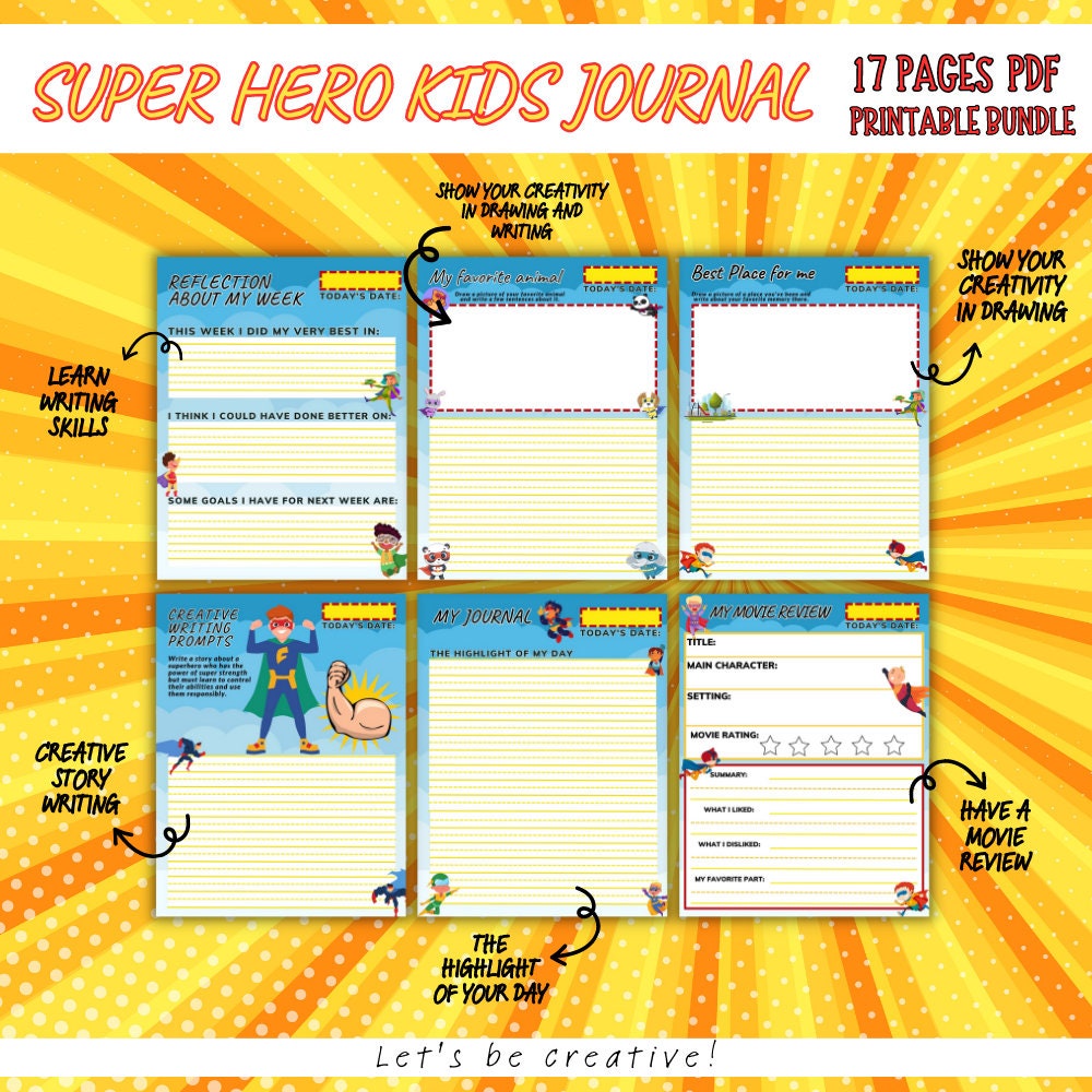 Super Hero Writing Journal for Kids: 17 Fun Prompts (digital Download ...
