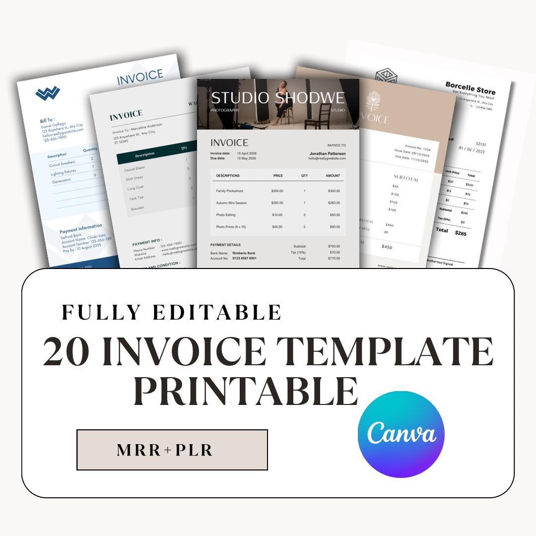 20 Editable Invoice Templates: Modern Printable Order Forms (instant ...