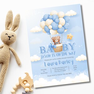 Editable Blue Bear Balloon Baby Shower Invitation, Blue Boy Boho Bear ...