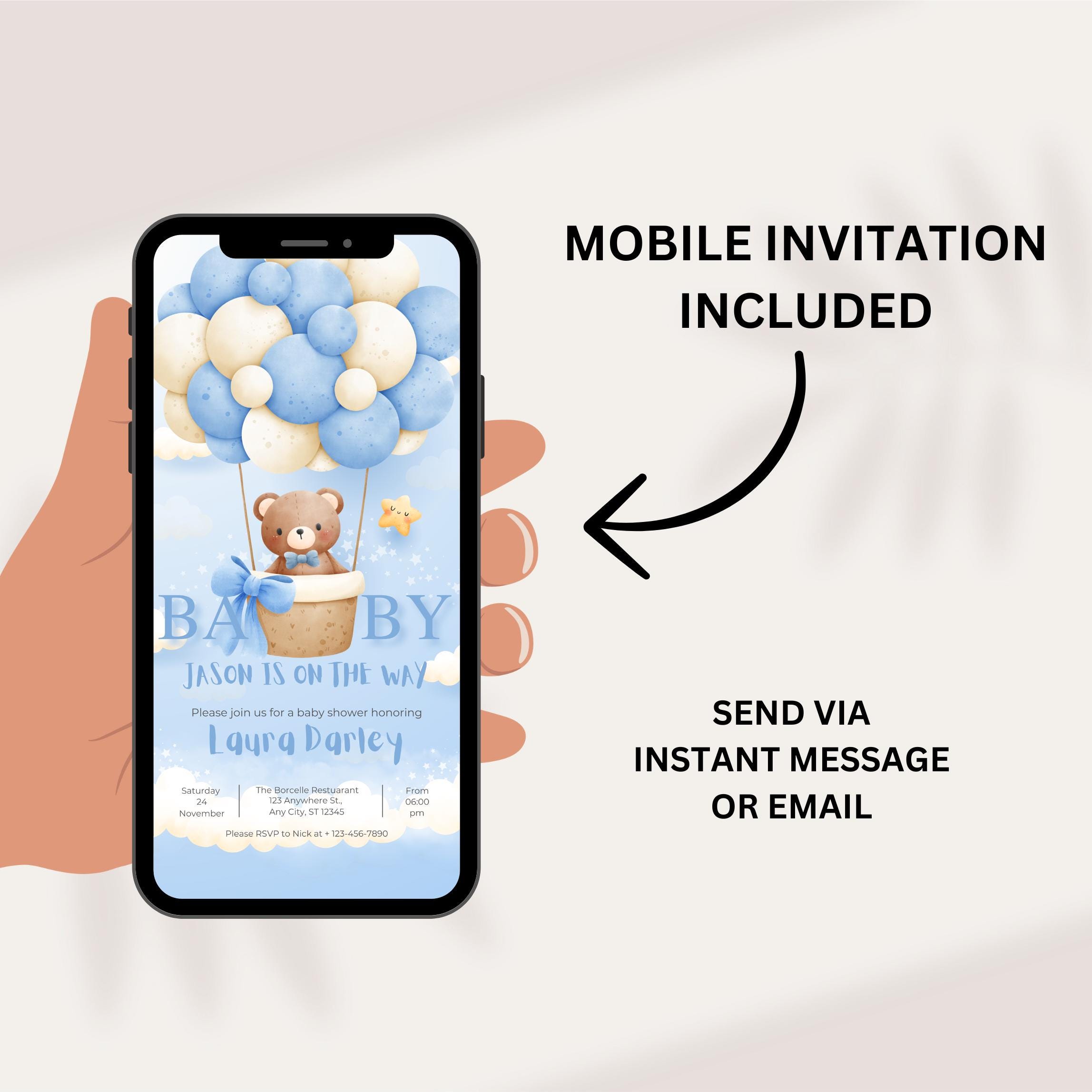 Editable Blue Bear Balloon Baby Shower Invitation, Blue Boy Boho Bear ...